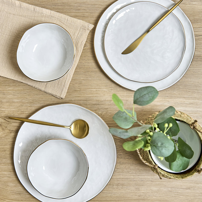Sango Gansevoort 12-Piece White Stoneware Dinnerware Set – Service for 4, Plate & Bowl Set ...